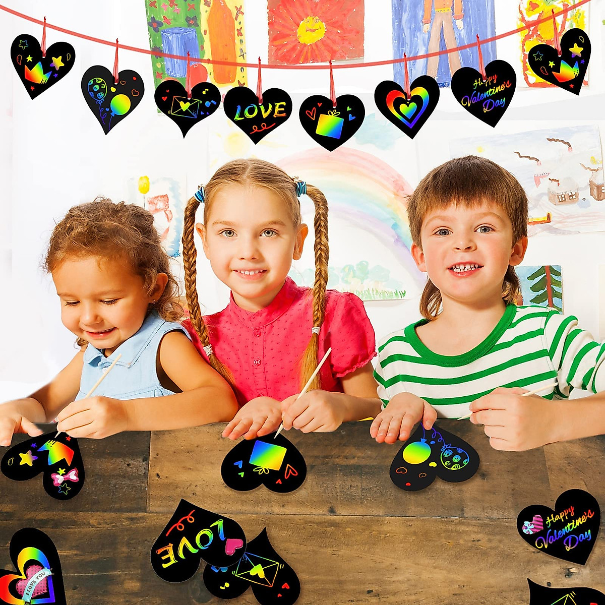 28 Pieces Valentines Crafts for Kids,Rainbow Scratch Paper Ornaments,Heart Shape Scratch Craft Art Kit for Class Valentines DIY Art Activity,School Valentines Day Gifts for Kids