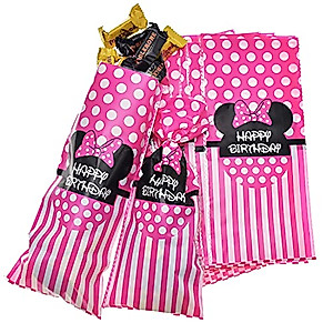 U/C 100 Pieces Pink Bow Mouse Ear Print Cone Cellophane Bags Heat Sealable Candy Bags Baby Pink Gift Bags Treat Bags with 100 Pieces Twist Ties for Girl Birthday Party Favor Decorations