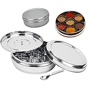 DBY Spice Box Stainless Steel Masala Box Spice Box Dabba Spice Container - 7 Containers Stainless Steel Spice Container Indian Spice Box Double Lid masala box Kitchen Spice Box Spice Box for Chefs