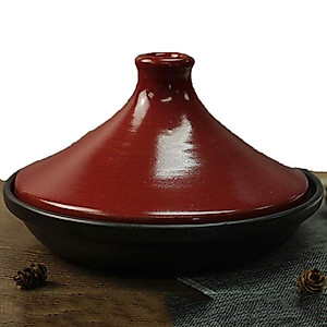 MYYINGBIN 10.2 Inches Moroccan Tagine Clay Casserole Slow Cooker Non-Porous Cone Lid Suitable for 2-5 People, Red