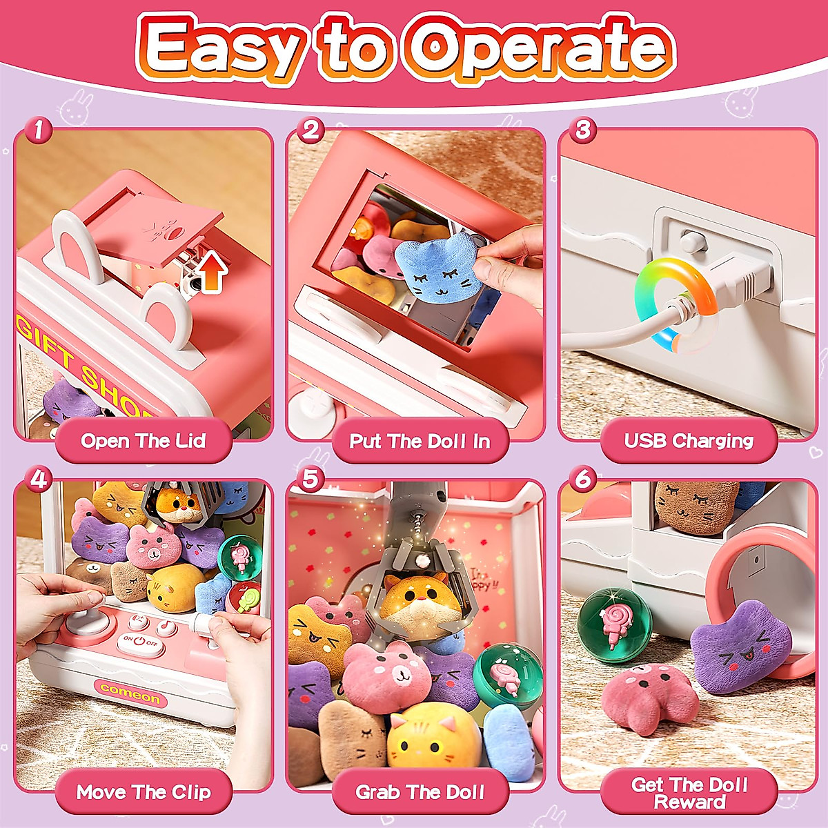 Aiqi Kids Claw Machine, Mini Candy Vending Grabber, Prize Dispenser Toys for Girls and Boys, Electronic Claw Game Machine for Party Birthdays with Lights Sound, Includes 20 Plush and 10 Mini Toys