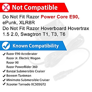 LotFancy Scooter Battery Charger for Razor E90, PowerRider 360, Jr. Electric Wagon, Boreem Tankman, Minimoto Submersible Cruiser, 12V 1A, 3-Prong Inline Connector, Replacement W13111401014