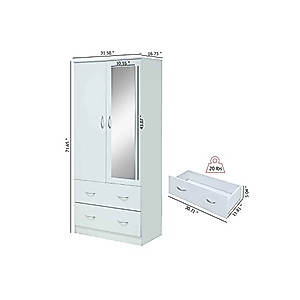 Hodedah Two Door Wardrobe with Two Drawers and Hanging Rod plus Mirror, White