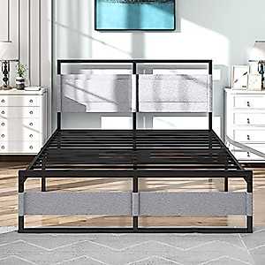 LIFERECORD Queen Metal Platform Bed Frame with Headboard and Pocket, Heavy Duty Steel Slat Bed No Box Spring Needed Noise Free Modern