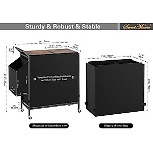 SweetMemo Rolling Laundry Basket with Wheels and Lids, 2 Section Laundry Hamper On Wheels, Heavy Duty Industrial Wheeled Clothes Hampers， Black