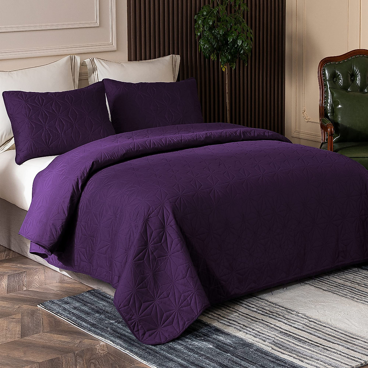 Whale Flotilla Queen Quilt Bedding Set, Soft Purple Bedspreads Quilts Queen Size for All Seasons, 3 Pieces Lightweight Geometric Star Pattern Coverlet