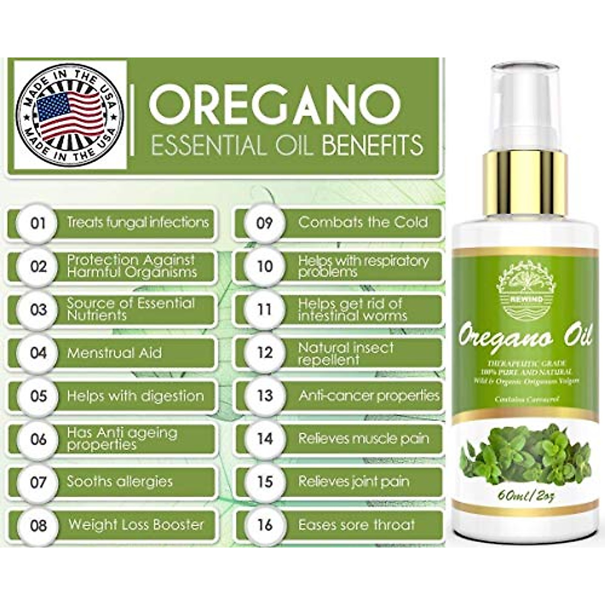 Oregano Oil Organic 2oz Pure Essential Oil Natural Wild Now Carvacrol Oreganol Oil Pump Spray Easy to Apply No Mess 60ml 2Floz