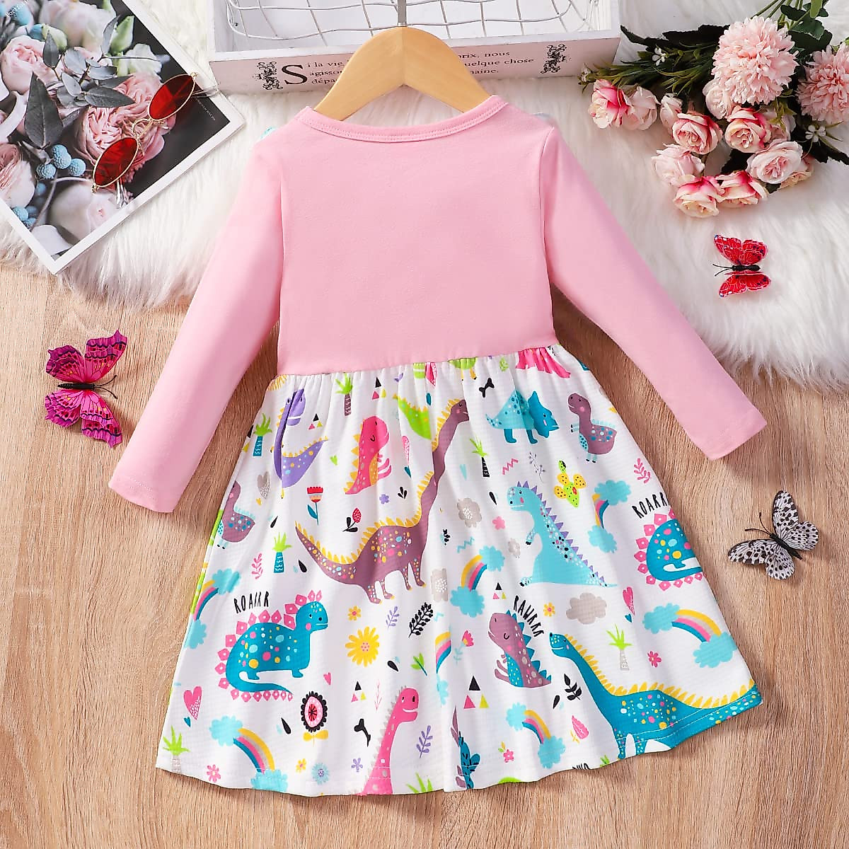 RETSUGO Baby Girl Dinosaurs Casual Splicing Ruffles Bowknot Dresses for Toddler Girls Long Sleeve Party Winter Outfits dinosaurs-1207-3T