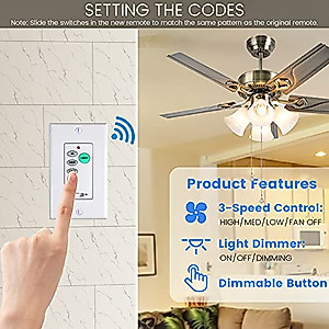 Universal UC9050T Ceiling Fan Wall Remote Control Kits with Adjustable 3 Speed,Light Dimmer, Compatible with Hampton Bay Harbor Breeze Hunter