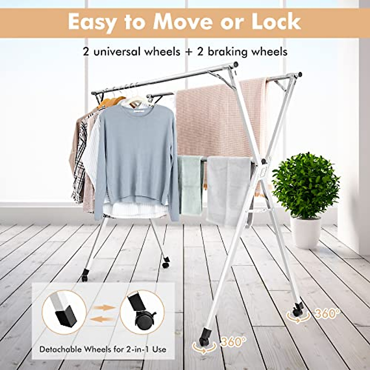 Tangkula Clothes Drying Rack with Wheels, Freestanding Stainless Steel Garment Rack for Laundry, Adjustable and Foldable, No Assembly Need, Space Saving Laundry Drying Rack for Indoor Outdoor