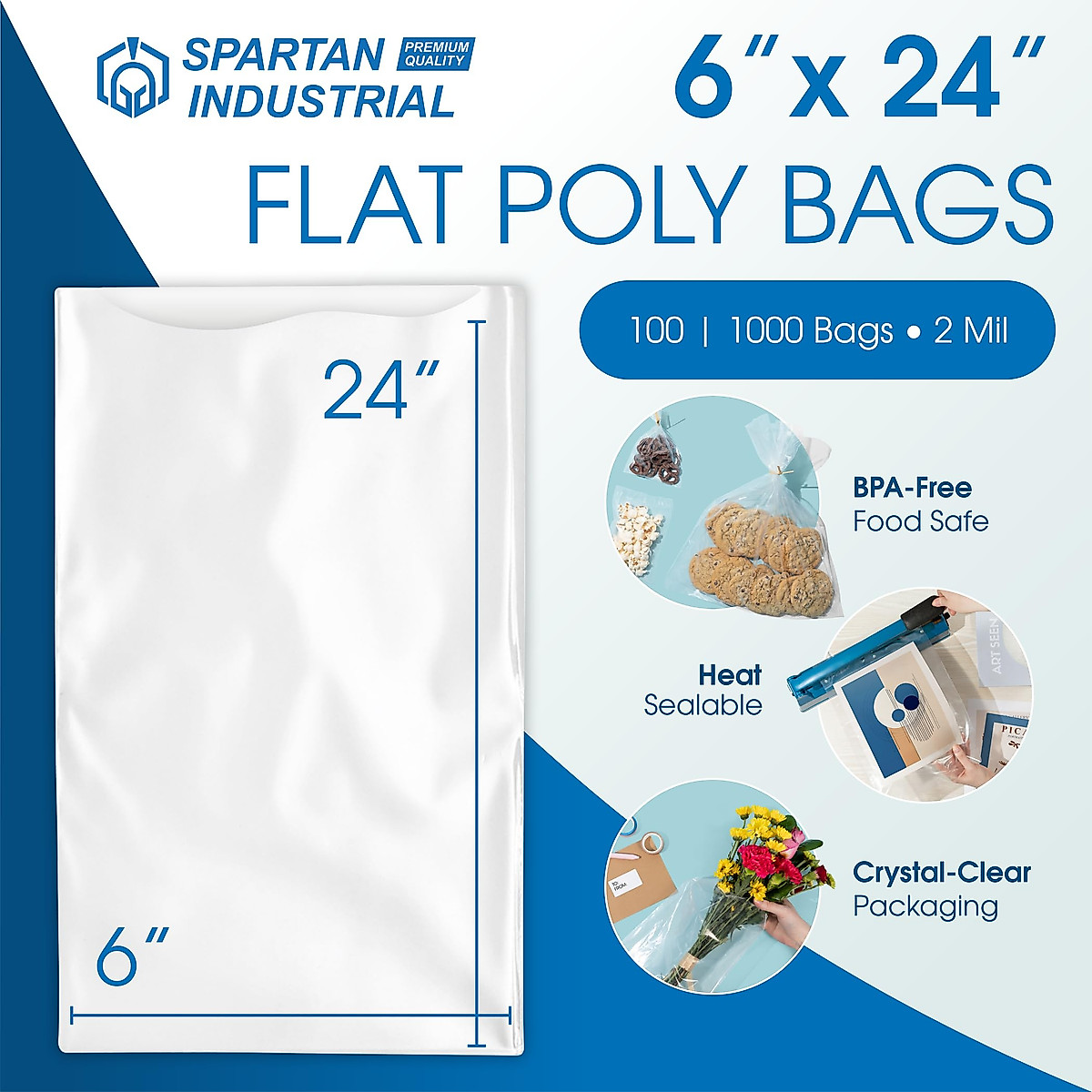 Spartan Industrial - 6” X 24” (100 Count) 2 Mil Heavy Duty Flat Open End Clear Plastic Poly Bags - For Wigs, Popcorn, Posters and More (Bags DO NOT Have Seal & DO NOT Have Prints)
