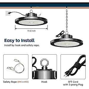 lvsdak UFO LED High Bay Lights 5000K 200W 30000LM AC100-277V with Plug High Bay Led Shop Lights Suitable for Warehouse Workshop Factory Gym Garage Barn 6 Pack