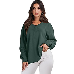 ANRABESS Oversized Long Sleeve Shirts for Women Off the Shoulder Sweatshirt Loose V Neck Tunic Tops High Low Sweater 2024 Large Dark Green