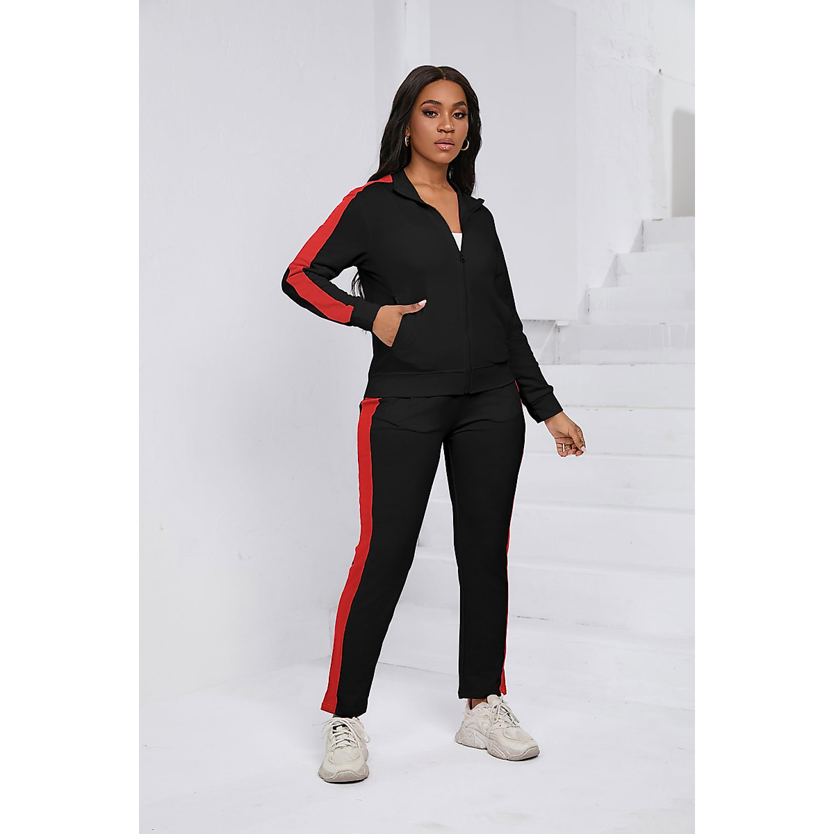 PINSV Womens Tracksuit Two Piece Outfits Long Sleeve Zip Up Jacket Jogger Casual Sweatsuit Matching Sets Track Suits Black Red XL