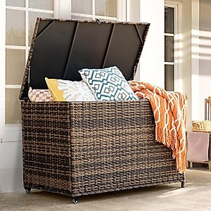MEISSALIVVE 178 Gallon Outdoor Storage Box, Patio Deck Box with 2 Wheels, Handle Large Portable Wicker Rattan Deck Box for Patio Furniture Cushions, Throw Pillows, Garden Tools and Pool Floats (Brown)