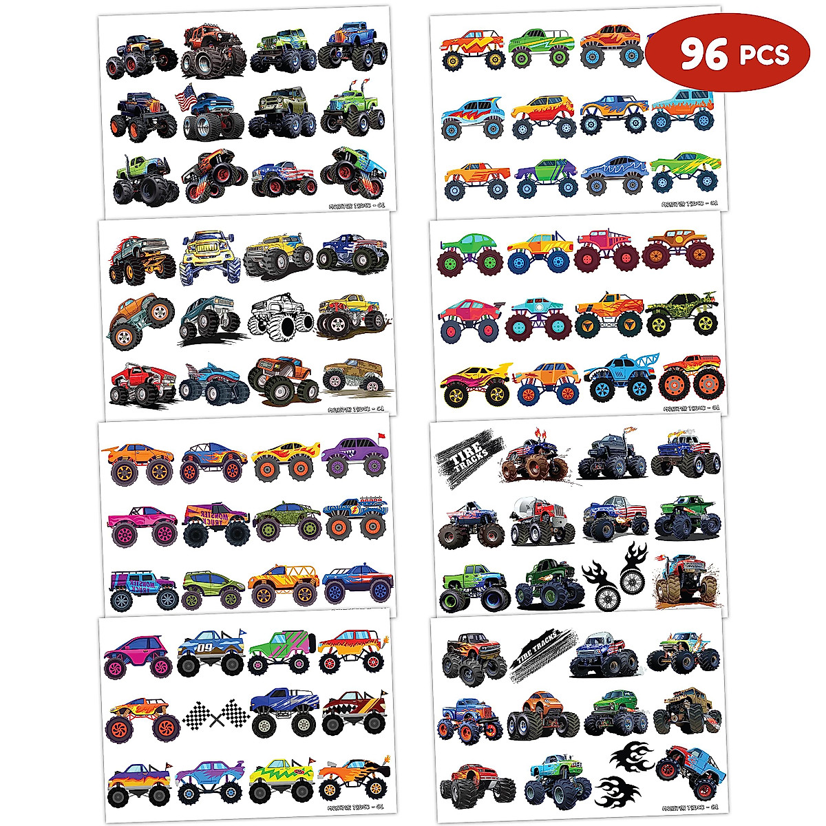Monster Truck Temporary Tattoos for Kids | Birthday Party Supplies Favors Super Cute Fake 96PCS Tattoos Stickers Party Decorations Boys Girls School Rewards Gifts