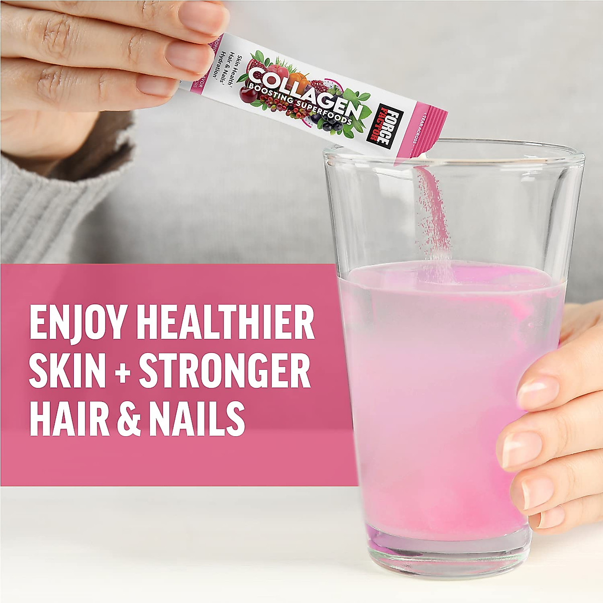 Force Factor Collagen Boosting Superfoods with Biotin, Hyaluronic Acid, Bamboo, and Hair, Skin, and Nails Vitamins, Nail Strengthener and Skin Supplement, Tropical Fruit Flavor, 20 Stick Packs