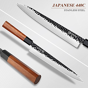 KEEMAKE Sushi Knife 10 inch, Sashimi Knife with 440C Stainless Steel Blade Yanagiba Knife, Japanese Sushi Knife with G10 Bolster and Octagonal Rosewood Handle Carving Knife with Gift Box