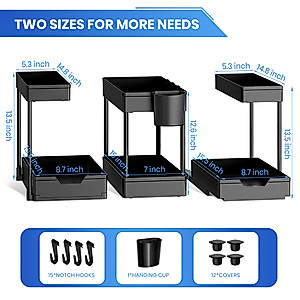 Under Sink Organizers and Storage, 3 Pack of 2-Tier Multi-Use Cabinet Organizers with Sliding Drawers, Hooks and Hanging Cups, Under Sink Organizers for Kitchen and Bathroom Home Organization(Black)