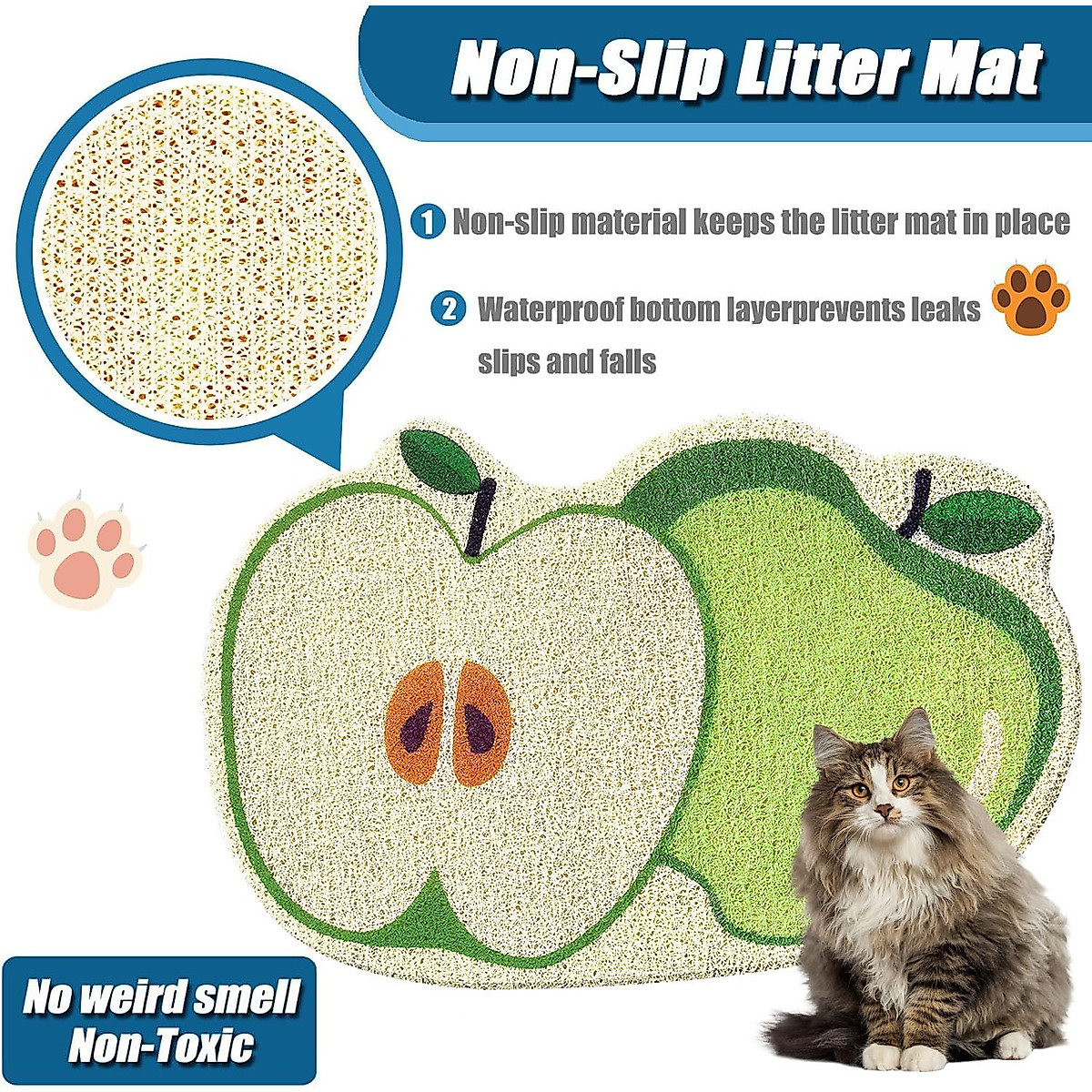 JSNTORIH Cute Cat Litter Trapping Mat 24”x16”, Traps Mess from Litter Box and Pet Food Bowl, Soft on Kitty Paws, Easy Clean, Kitten Litter Box Mat (Apple)…
