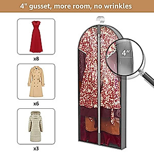 60" Long Garment Bags, Clear Plastic Clothes Covers with 4" Gussetes for Hanging Clothes Closet Storage, Breathable Protector for Dress Gowns, Suit, Coats, Sweater, Down Jacket, 3 Packs