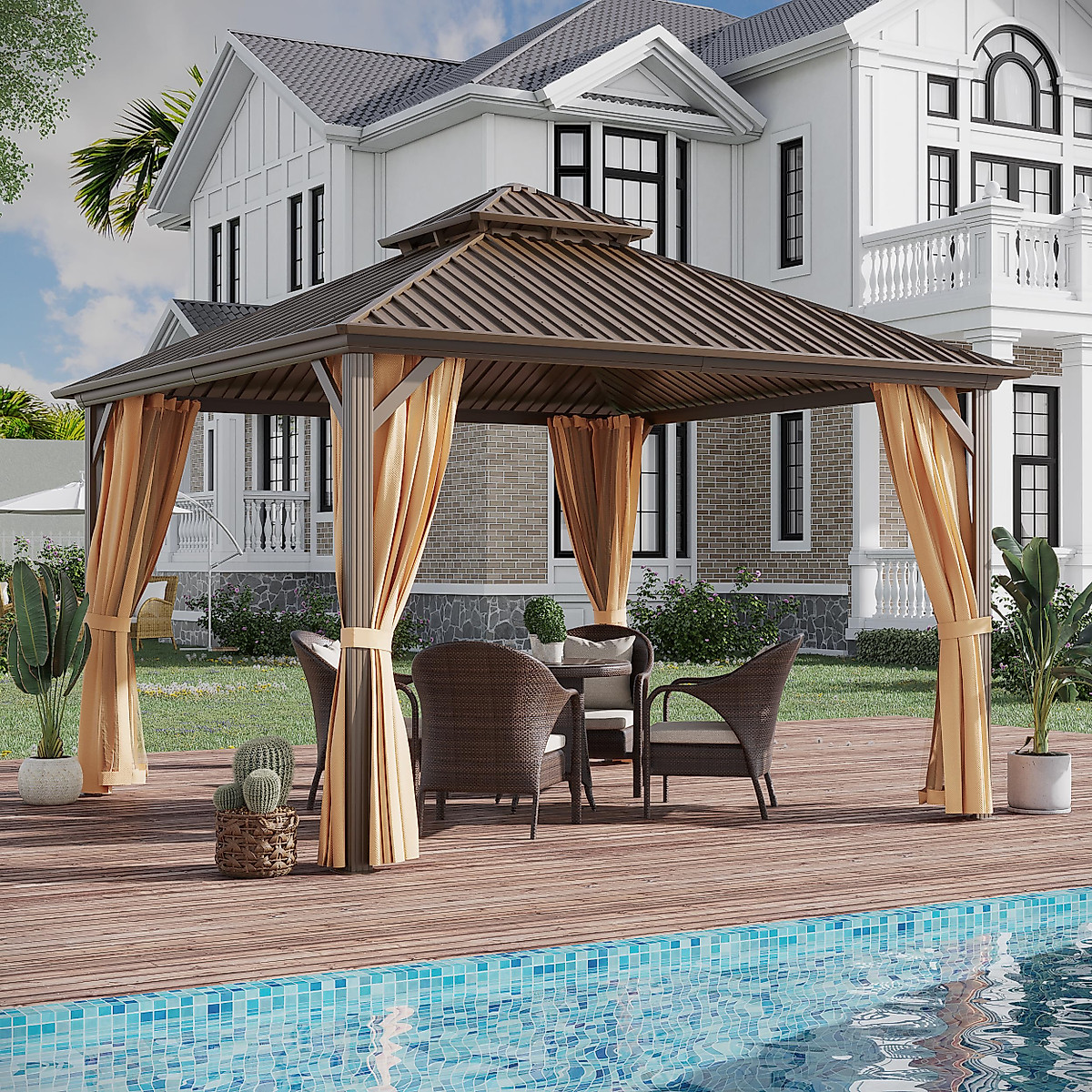 GAZEBEST 12x12 ft Hardtop Gazebo Outdoor Aluminum Patio Gazebo Double Roof Galvanized Steel Canopy with Netting and Curtains for Garden, Backyard,Deck and Lawns