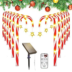 BUCASA 12 Pack Christmas Decorations Outdoor Solar Candy Cane Lights, Upgraded Waterproof Solar Pathway Markers Yard Lights with Star & Remote Control, 9 Modes Xmas Decorations for Garden Yard Decor