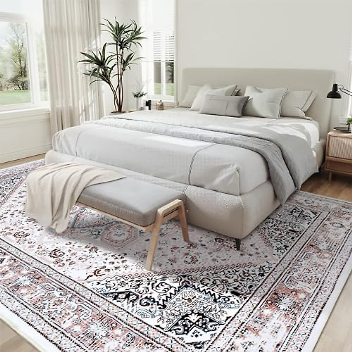 GAOMON Washable Area Rug 8x10 Bohemian Rug Soft Low-Pile Washable Rug with Non-Slip Backing, Grey Plant Floral Pattern Vintage Rug for Living Room Bedroom Dining Home Office,8x10