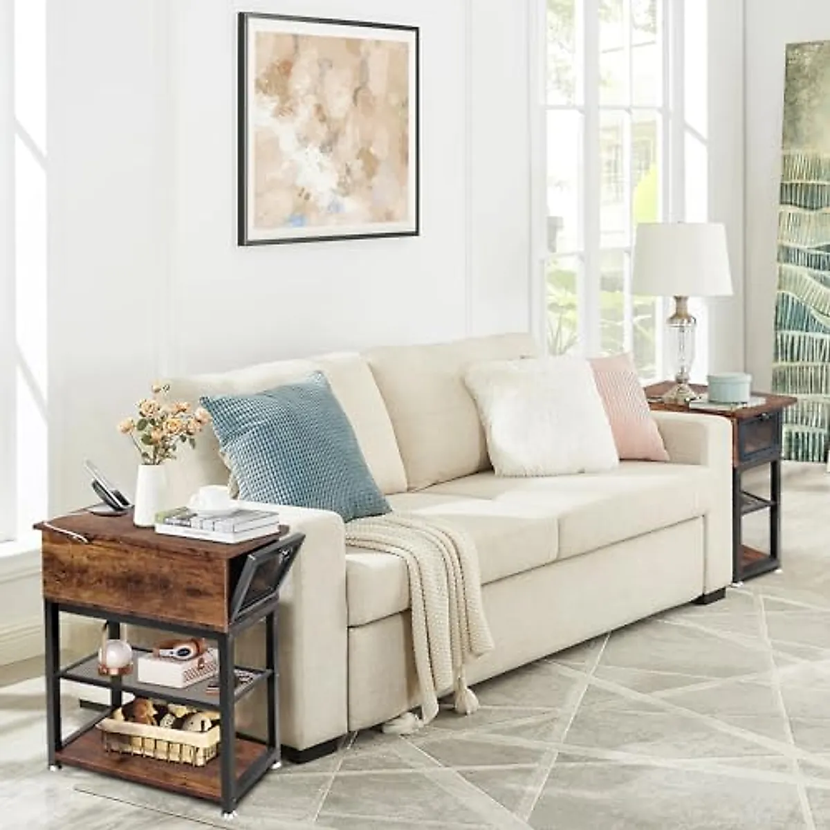 Side Table Living Room with Side Opening and Flip Top, 12" D x 24" W x 28" H, Narrow End Table Rustic End Tables with USB Ports and Outlets, Narrow Side Table(2 Pack)