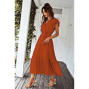 PRETTYGARDEN Women's 2024 Floral Boho Dress Wrap V Neck Short Sleeve Belted Ruffle Hem A-Line Flowy Maxi Dresses (Solid Brick Red,X-Large)