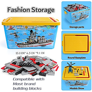 Aircraft Carrier Toy Building Blocks Set with Storage Box, 1131pcs, Army Battleship Aircraft Boat Building Toy with Army Helicopter, Come with Baseplate Lid, Gifts for Kids Boys Girls 6-12