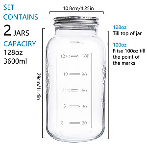 eleganttime 128 oz Mason Jars Extra Wide Mouth 2 Pack, 1 Gallon Glass Large Jars with Airtight Lid, Safe for Food Storage,Curing, Fermentation and Preservation