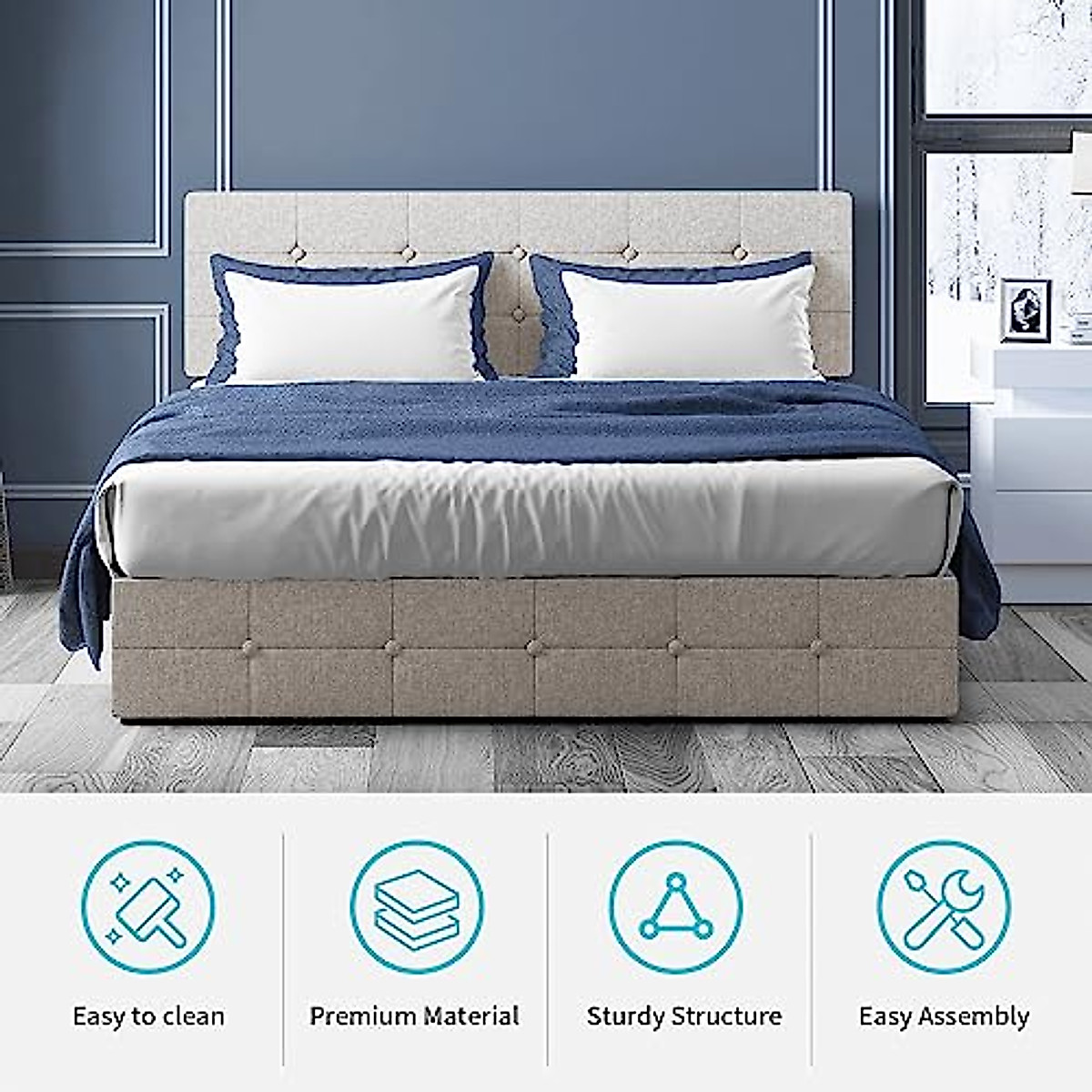 CECER California King Size Bed Frame with 4 Storage Drawers, Linen Platform Bed Frame with Upholstered and Button Tufted Headboard, No Box Spring Needed Bed Frame with Adjutable Headboard-Beige