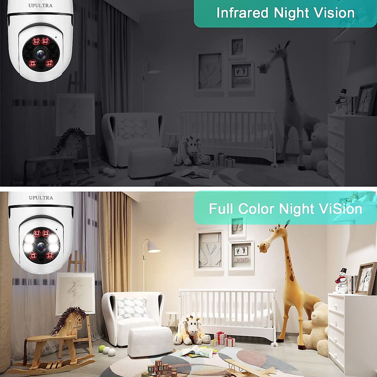 UPULTRA Security Wireless Camera WiFi 1080P Smart for Home Surveillance Screw into The E27 Socket Spotlight Alarm Color Night Vision Two-Way Talk Motion Alarm PTZ 360 Degree(2packs with 64 SD Cards