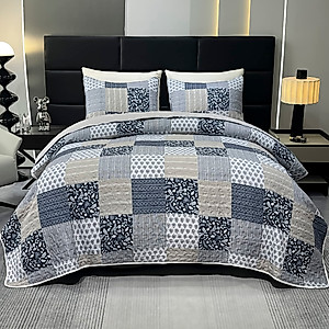 VIVILINEN Queen Size Quilt Set Grey Patchwork Floral Plaid Reversible Quilted Bedspread Coverlet 3-Piece Lightweight Comforter Stitched Bedding Set Bed Sheet Set Cover Blanket with 2 Pillow Shams