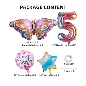 Butterfly Balloons 5th Birthday Decorations for Girls, Butterfly Birthday Party Supplies Fairy Pink Princess Groovy Party Supplies Favors Anniversary Decor, 32 Inch Gradient Balloon Number 5