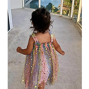 Toddler Baby Girl Sequins Dress Sleeveless Rainbow Stars Print Mesh Tulle Dress Summer Layered Princess Cake Dress (Colorful Cake Dress, 4-5T)