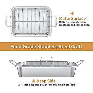Skyflame Roasting Pan with Rack for Turkey, Stainless Steel Silver Rectangular Barbecue Bakeware Roaster Pan with Nonstick U-Rack for Indoor/Outdoor Oven Cooking