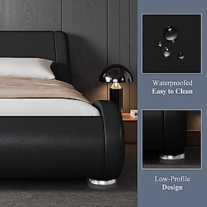 Allewie King Size Upholstered Platform Bed Frame with Ergonomic & Adjustable Headboard, Low Profile Sleigh Design for Elegant Bedroom - No Box Spring Needed, Easy Assembly, Black