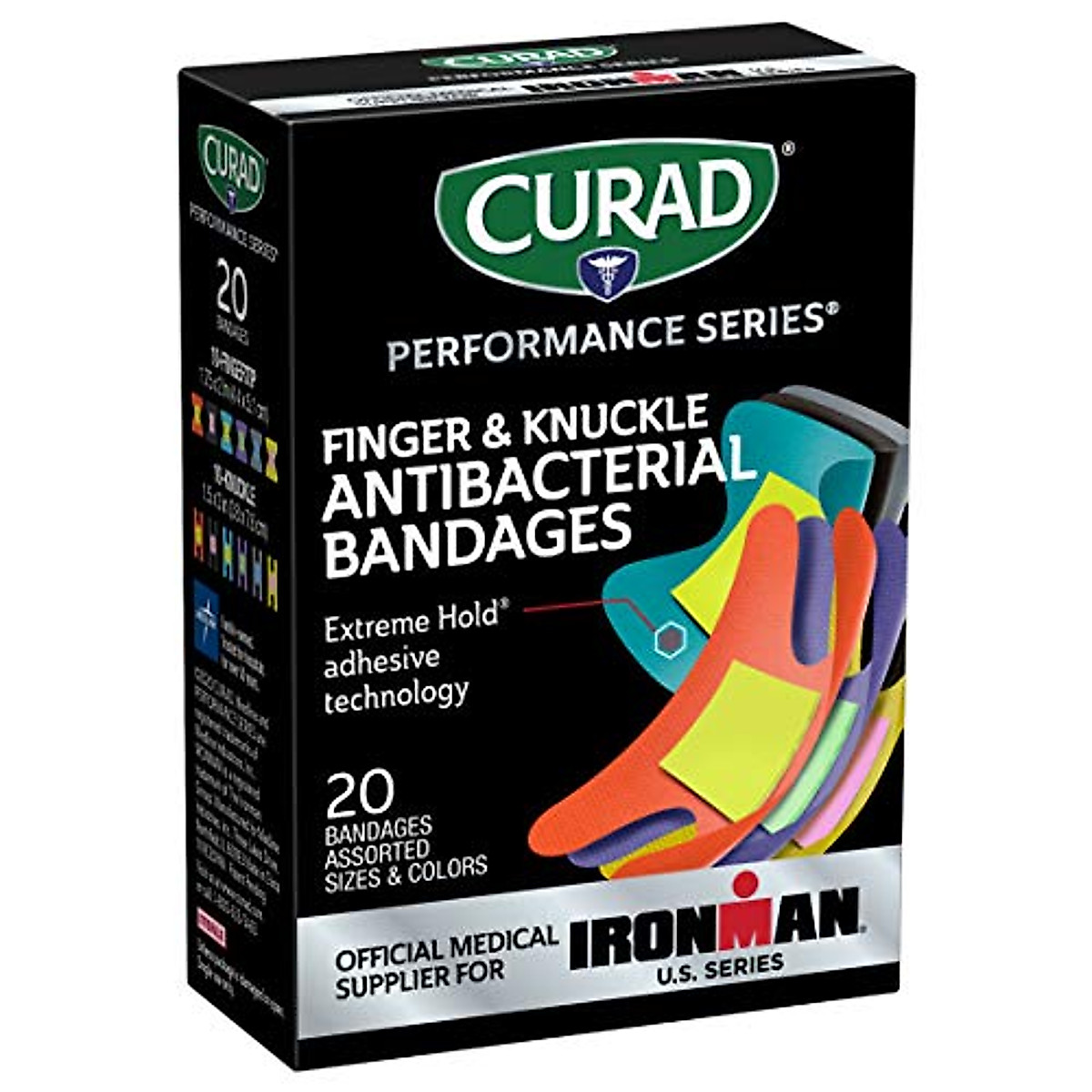 Curad Performance Series Ironman Fingertip and Knuckle Antibacterial Bandages, Extreme Hold Adhesive Technology, Fabric Bandages, 20 Count