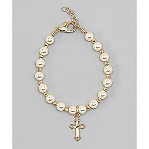 Christening 14KT Gold-Filled Beads with Cream European Simulated Pearls and Cross Charm Luxury Unisex Baby Bracelet (BGC_S)