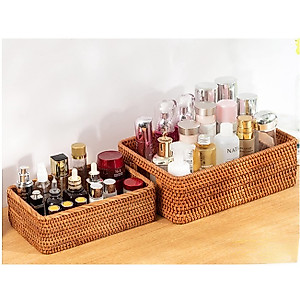 JIBIACB Rattan Storage Basket,Wicker Storage Baskets,Rectangular Woven Basket for Bedroom, Living Room,Nursery Room, Shelves, (L)