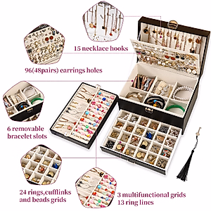BOOVO Earring Jewelry Box For Women Girl Stud Organizer, 5 Layers Girl Jewelry Organizer Box With Lock Earring Holder Organizer Necklace Ring Jewelry Organizer Box For Girls (Black)
