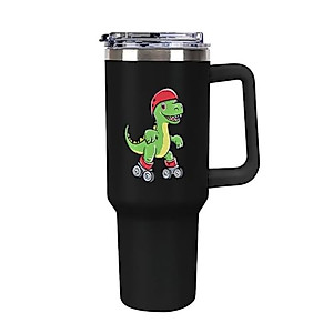 Rollerskating Dinosaur Insulated Tumblers with Handle Stainless Steel Coffee Mug Funny Travel Cup with Lid Straw 40oz