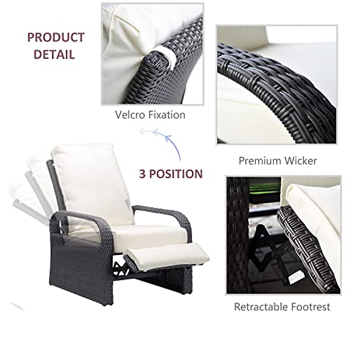 Babylon Outdoor Recliner Wicker Patio Adjustable Recliner Chair with Cushions, Rust-Resistant Aluminum Frame,All-Weather Resin Rattan, Grey&White