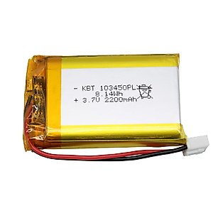 KBT 3.7V 2200mAh Li-Polymer Battery: 103450 Lipo Rechargeable Lithium-ion Replacement Batteries with JST Connector