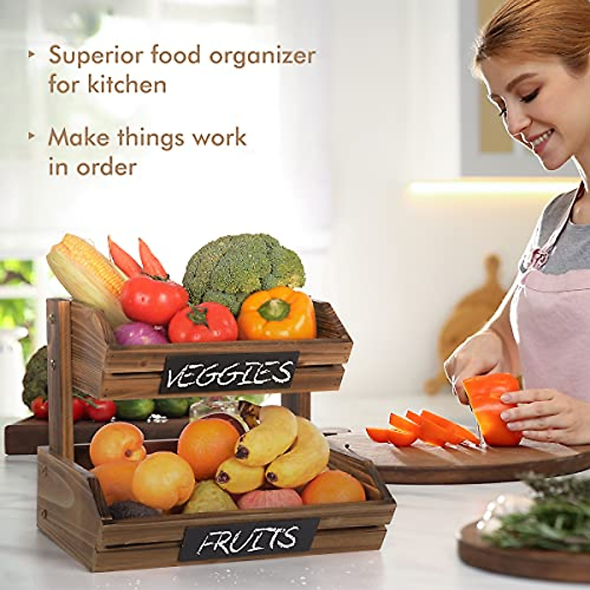 Rustic Fruit Basket, 2 Tier Standing Fruit Basket, Wooden Food Organizer & Retro Vegetable Stand Bread Racks, Farmhouse Food Basket for Kitchen, Office, Dining Room and Guest Room (Need Assemble)