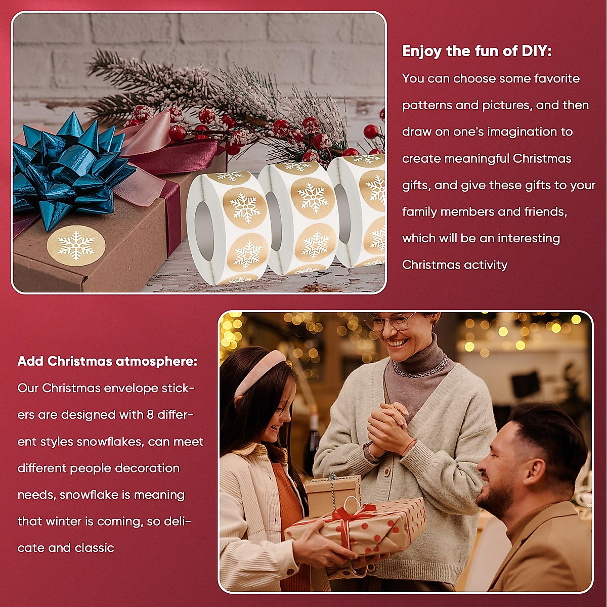 1000 Pieces 1.5 Inch Snowflake Stickers Christmas Envelope Seal Holiday Stickers Xmas Snowflake Seals Round Christmas Sticker Envelope Seal Decals for Christmas Winter Party Decor, 8 Styles