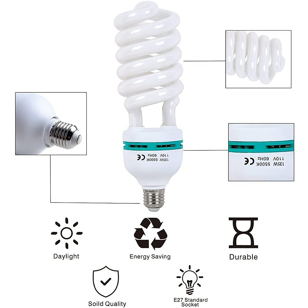 2pcs 135W Light Bulb 5500K CFL Daylight Spiral Softbox Lighting Kit Bulb in E27 Socket for Photography Photo