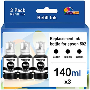 Clorisun 502 Pigment Refill Ink Bottles Replacement for Epson 502 T502 Use with Expression ET-2760 ET-2750 ET-3760 ET-4760 ET-3750 ET-4750 ET-3710 ET-15000 ET-3700 2700 Ecotank Printer (3 Black)